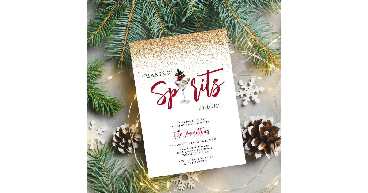Making Spirits Bright Holiday Cocktail Party Gold Invitation | Zazzle