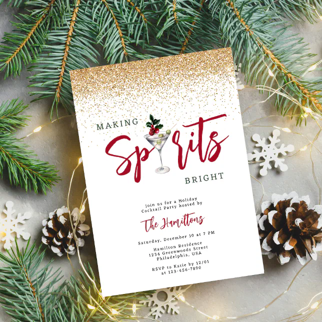 Making Spirits Bright Holiday Cocktail Party Gold Invitation | Zazzle