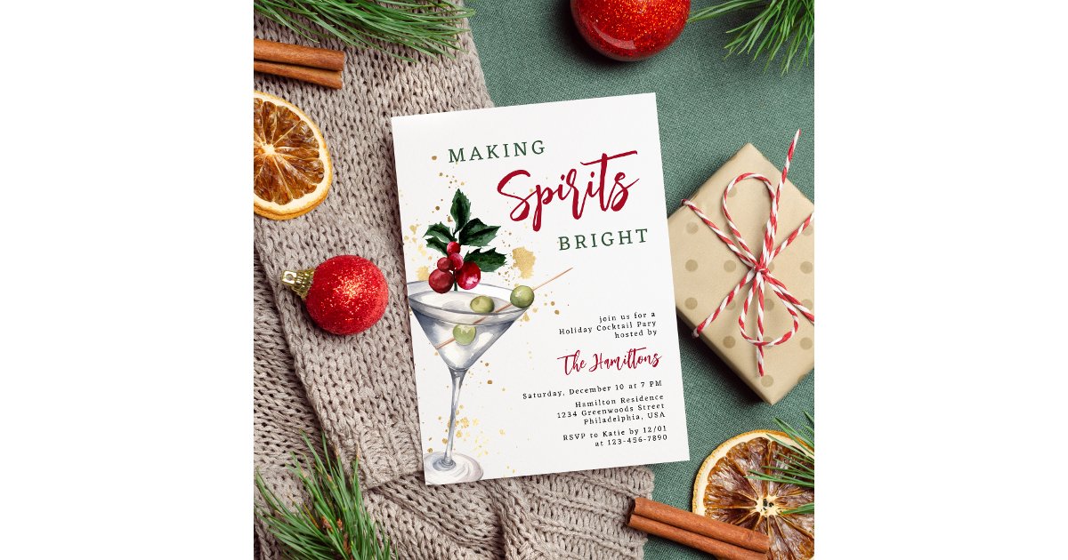 Making Spirits Bright Holiday Cocktail Party Invitation | Zazzle