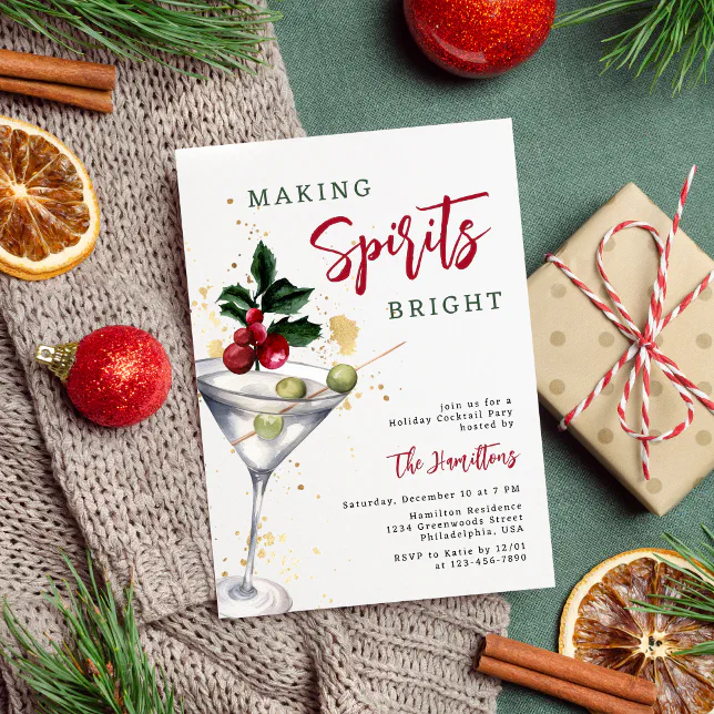 Making Spirits Bright Holiday Cocktail Party Invitation | Zazzle