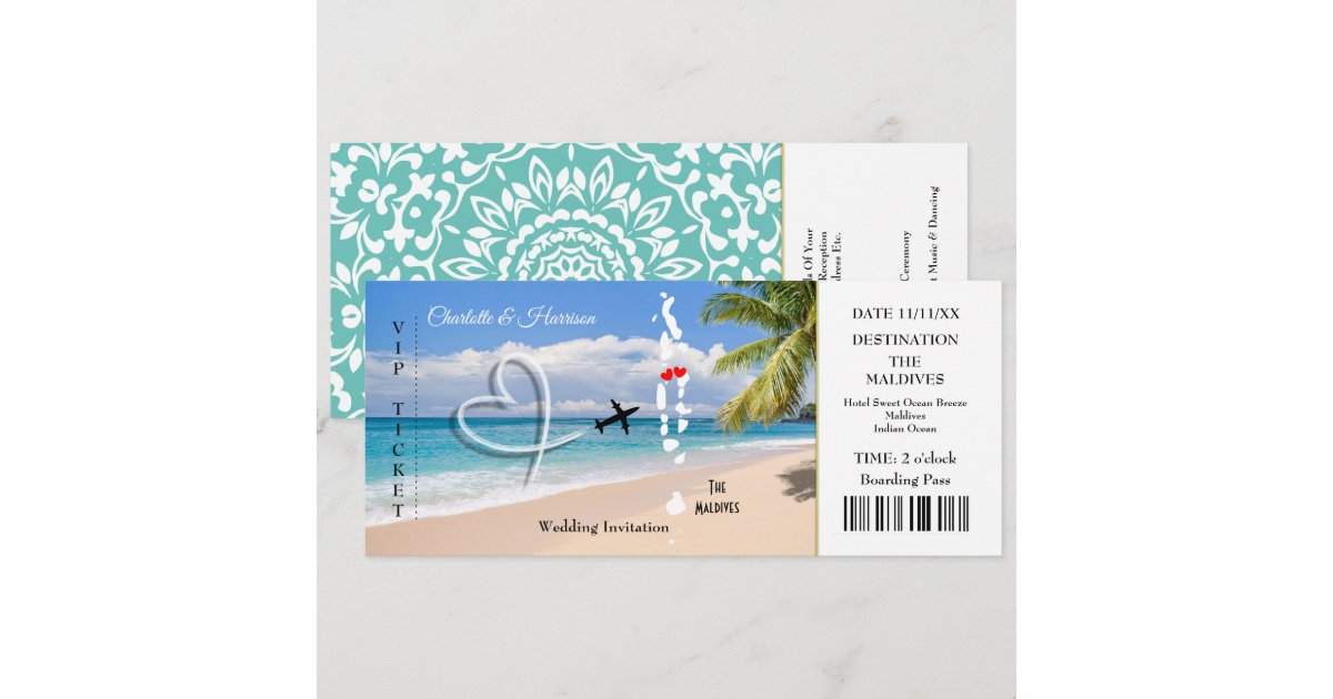 Maldives Ticket Boarding Pass Wedding Destination Invitation | Zazzle