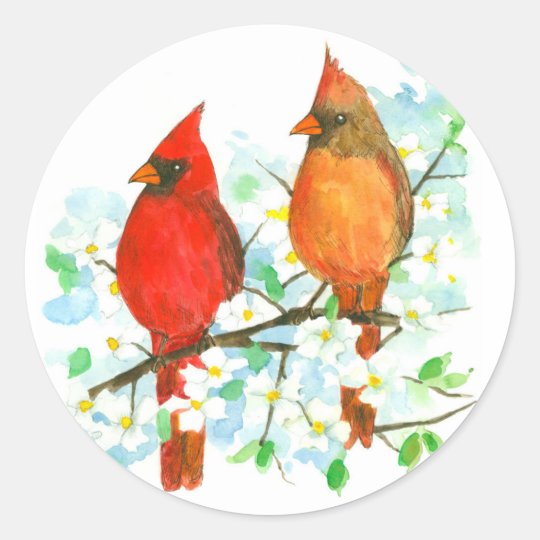 Male Female Cardinal Birds Dogwood Tree Classic Round Sticker | Zazzle.com