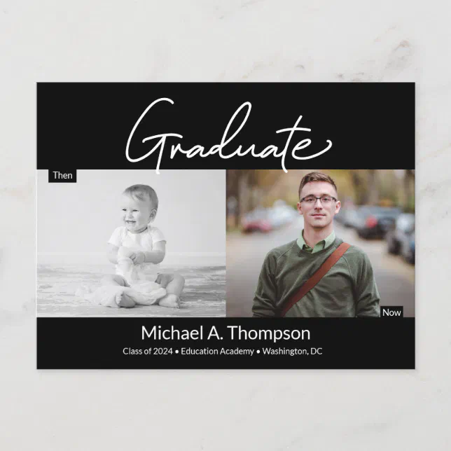 Male Graduate Script Then and Now Grad Photo Announcement Postcard | Zazzle
