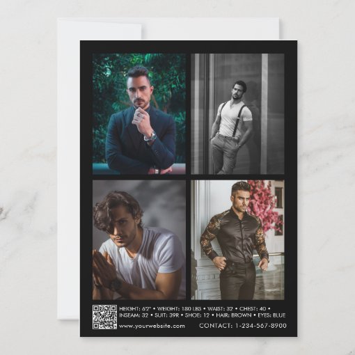 Male Modeling Actor Comp Card 5 Photo QR Code | Zazzle