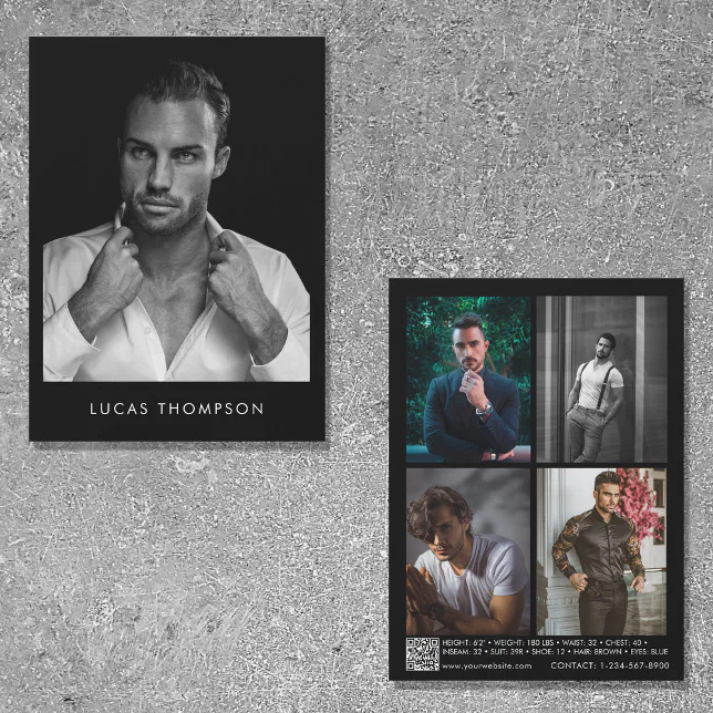 Male Modeling Actor Comp Card 5 Photo QR Code | Zazzle