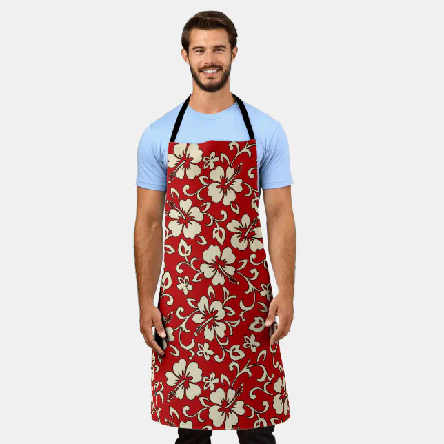 Malia Hibiscus Hawaiian Red and Cream Apron | Zazzle