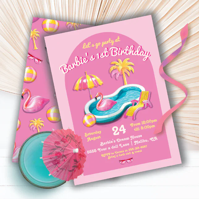 Malibu Beach Doll Retro Birthday Pool Party Invitation | Zazzle