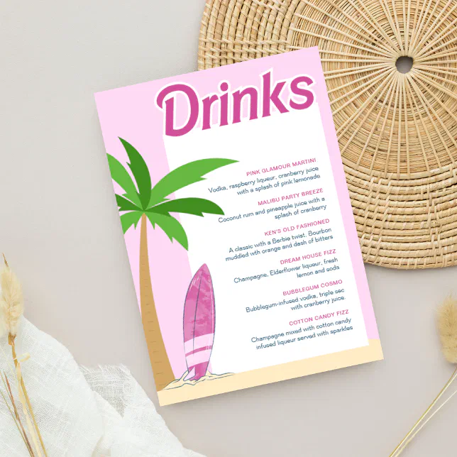 Malibu Beach Pink Party Bachelorette Cocktail Menu Poster | Zazzle