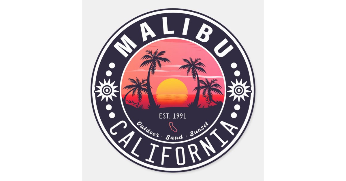 Malibu Ca Retro Sunset Palm Trees Souvenirs 60s Classic Round Sticker ...