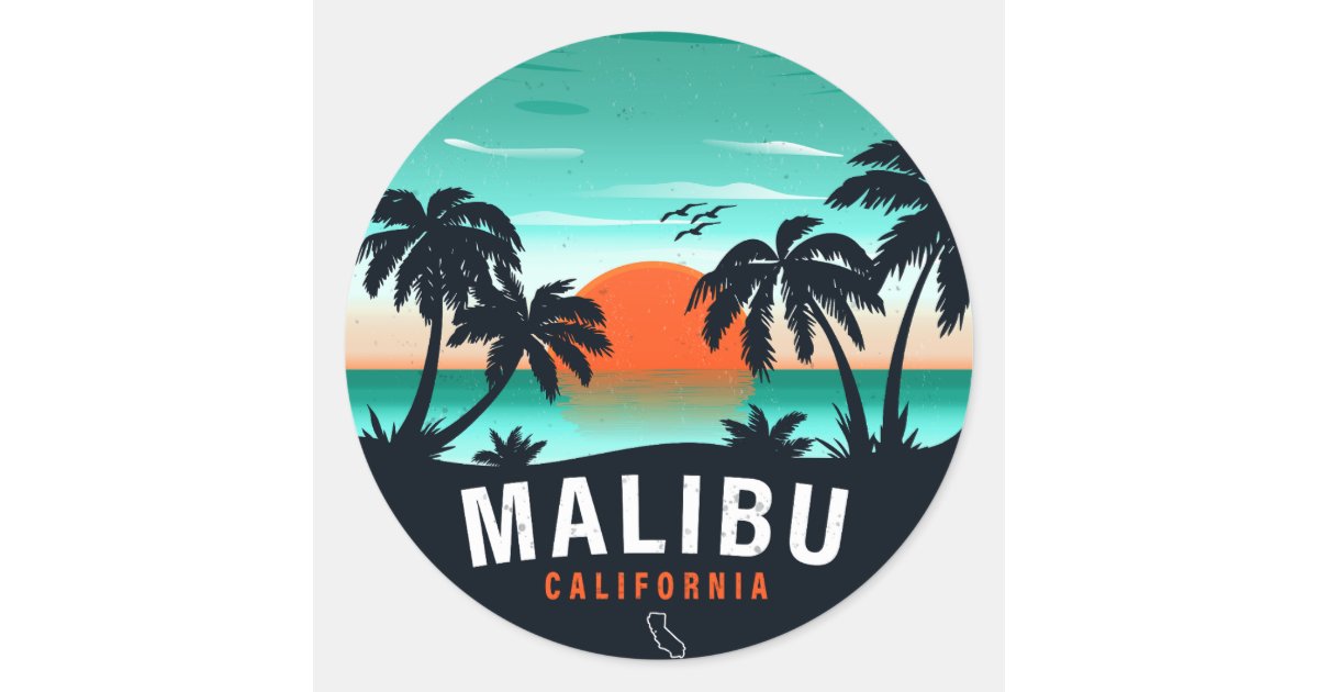Malibu California Retro Sunset Tropical Souvenirs Classic Round Sticker ...