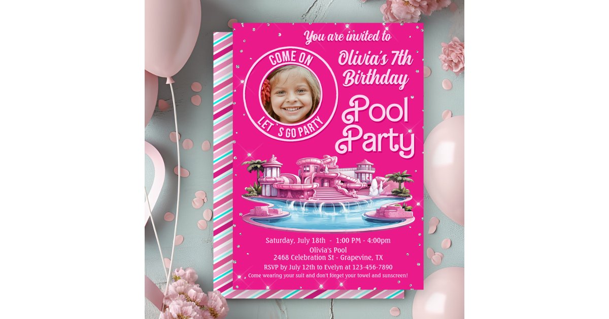 Malibu Doll Pool Birthday Party Invitation | Zazzle