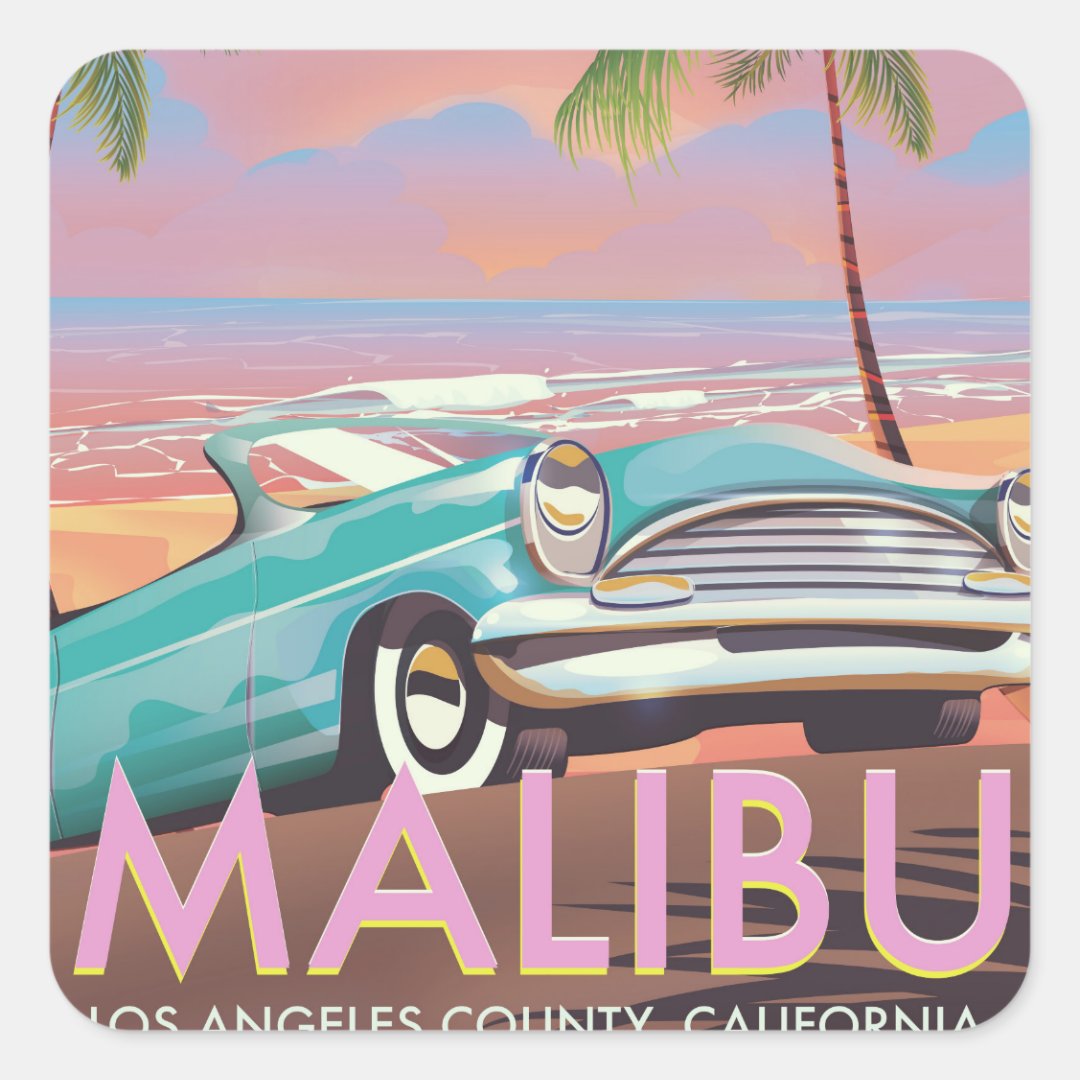 Malibu, Los Angeles, California travel poster Square Sticker | Zazzle