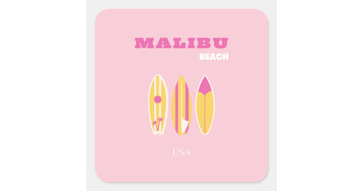 Malibu, Malibu Beach, Preppy, Pink Square Sticker | Zazzle
