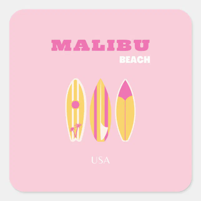 Malibu, Malibu Beach, Preppy, Pink Square Sticker | Zazzle