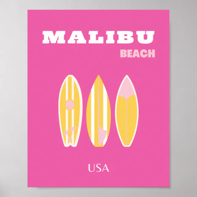 Malibu, Malibu Beach, Travel Art, Preppy, Pink Poster | Zazzle