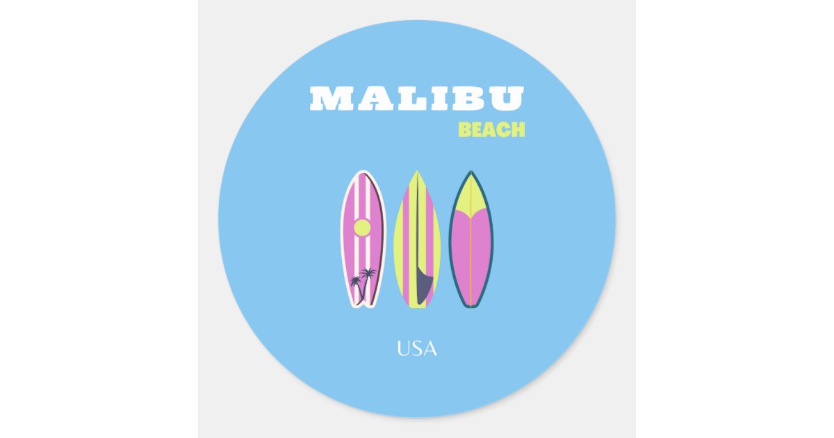 Malibu, Malibu Beach, Tropical, Preppy, Blue Classic Round Sticker | Zazzle