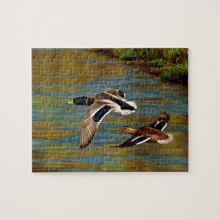Mallard Ducks Flying Over Pond Jigsaw Puzzle | Zazzle.com