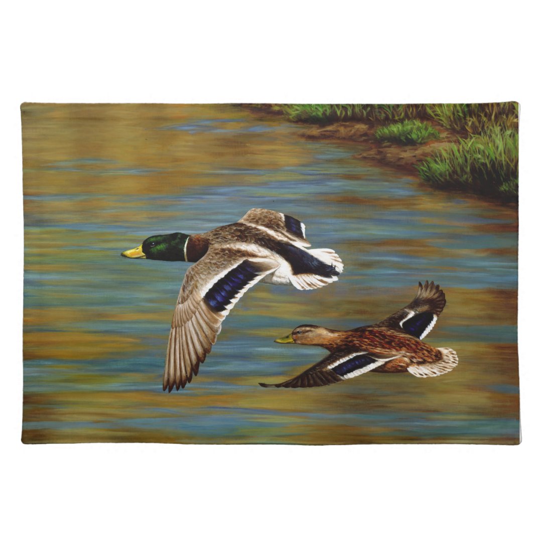 Mallard Ducks Flying Over Pond Placemat | Zazzle