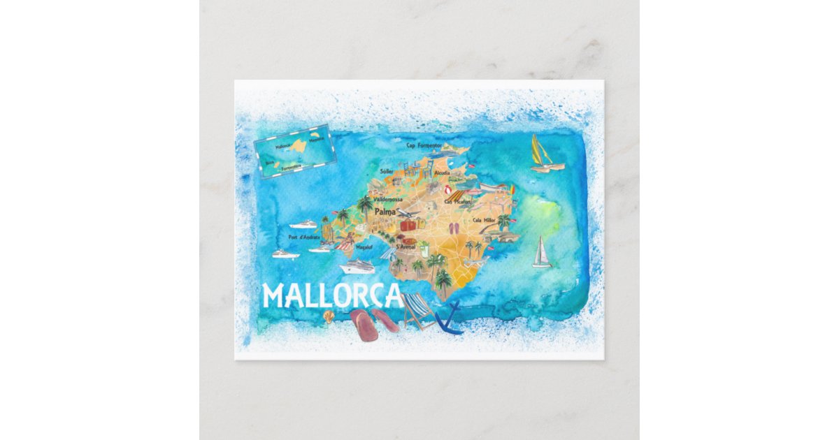 Mallorca Spain Illustrated Map with Landmarks Postcard | Zazzle