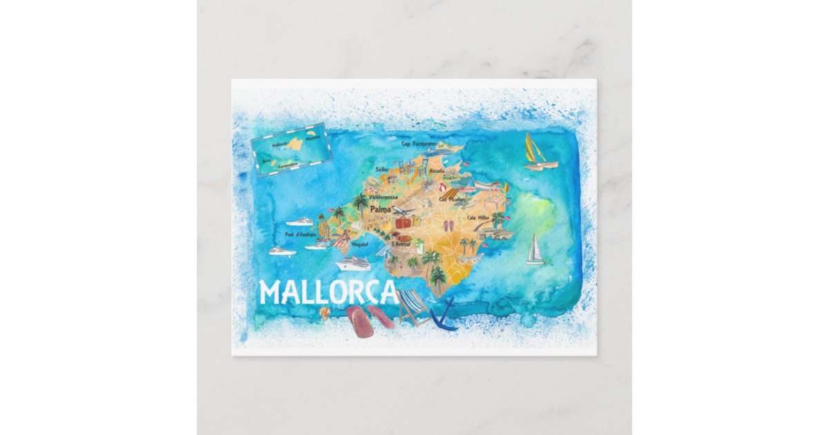 Mallorca Spain Illustrated Map with Landmarks Postcard | Zazzle