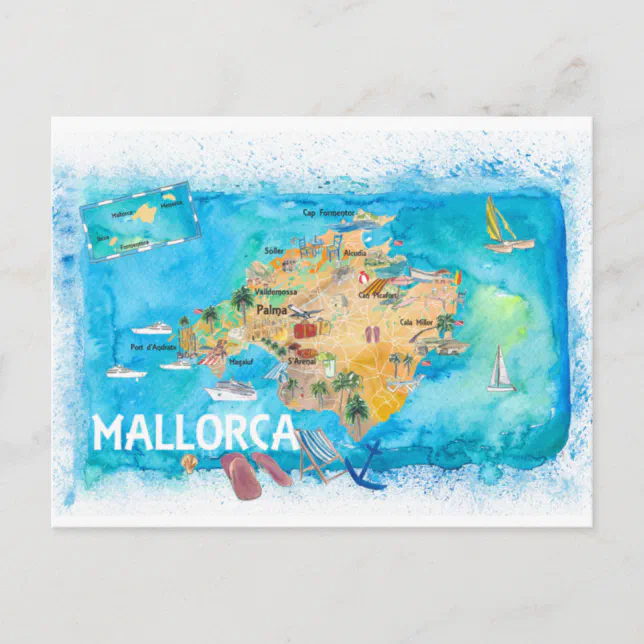 Mallorca Spain Illustrated Map with Landmarks Postcard | Zazzle