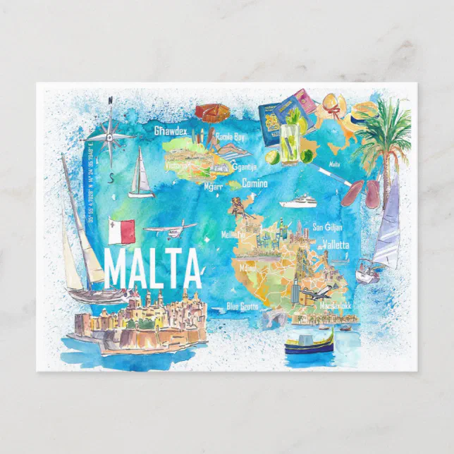 Malta Illustrated Island Travel Map with Roads Postcard | Zazzle