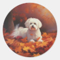 Maltese in Autumn Leaves Fall Inspire Classic Round Sticker | Zazzle