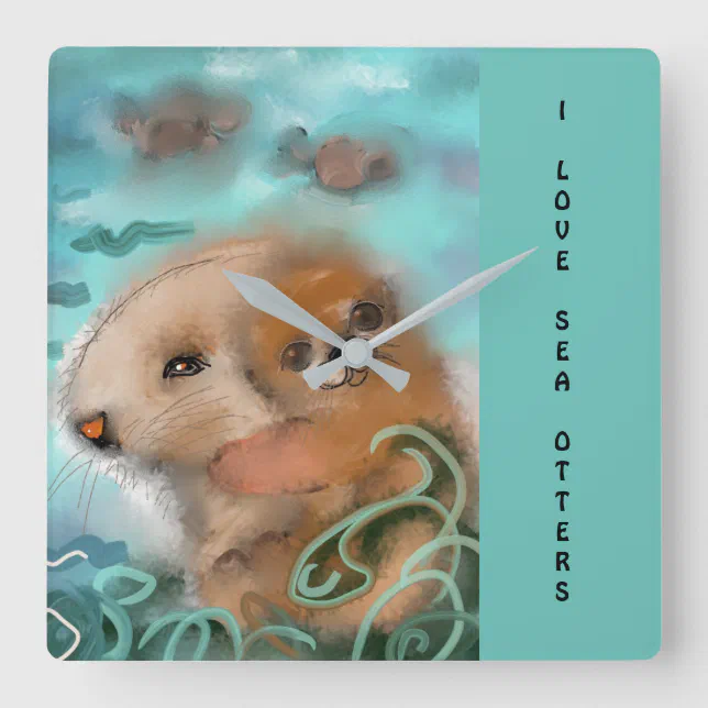 "Mama and Baby Sea Otter" Square Wall Clock | Zazzle