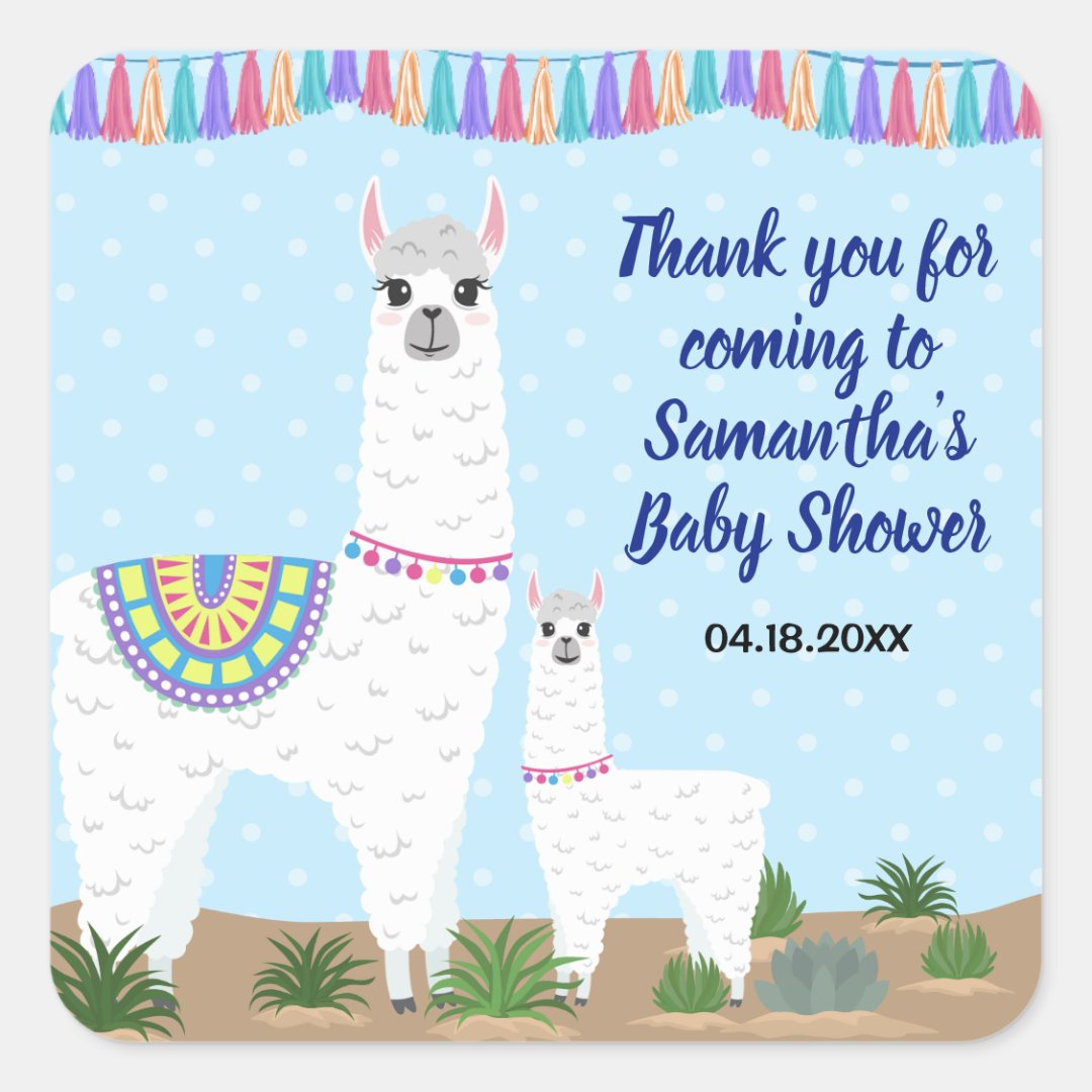 Mama Llama and Baby Blue Polka Dot Baby Shower Square Sticker | Zazzle