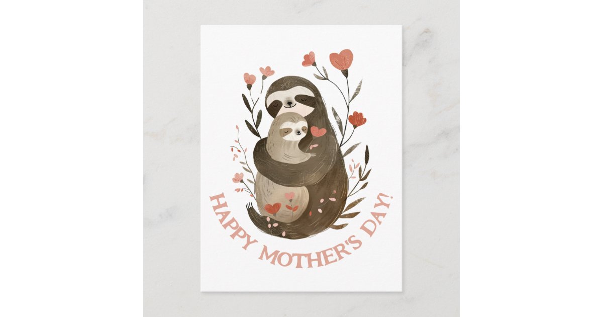 Mama Sloth& Baby Watercolor Happy Mother's Day Postcard | Zazzle