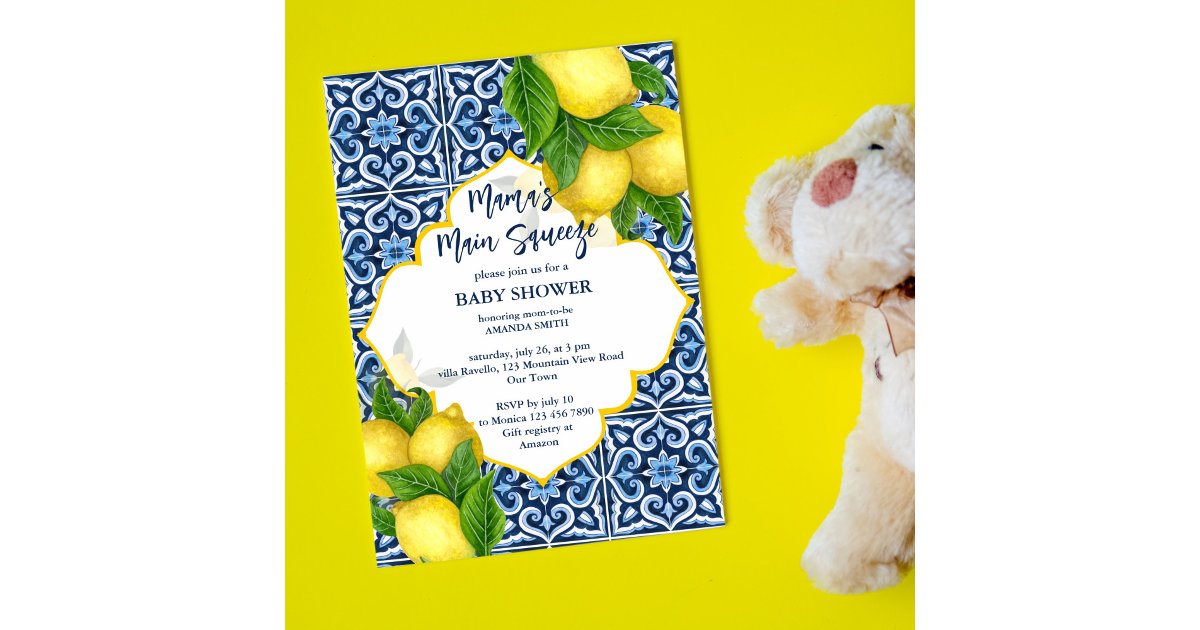Mama's Main Squeeze baby shower lemons blue tiles Invitation | Zazzle