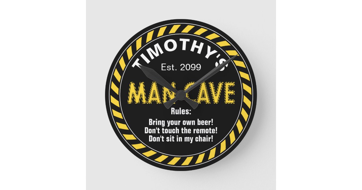 Man Cave Sign with Caution Tape Effect & Rules Round Clock | Zazzle