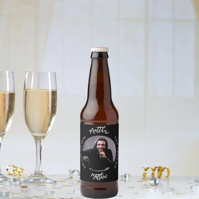 Man myth legend photo name black white beer bottle label | Zazzle