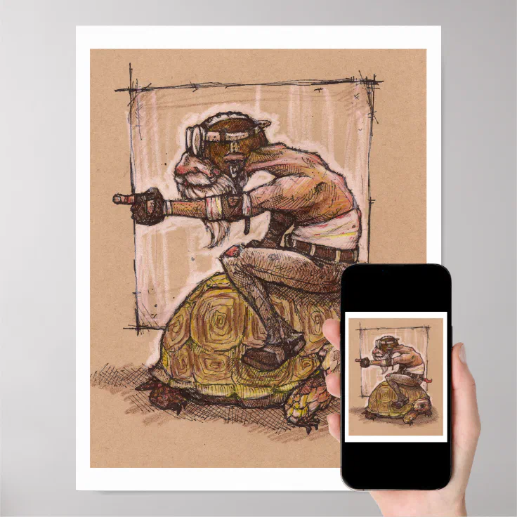 Man riding a turtle drawing poster | Zazzle