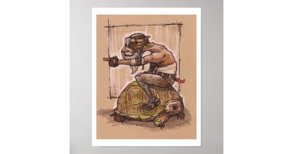 Man riding a turtle drawing poster | Zazzle