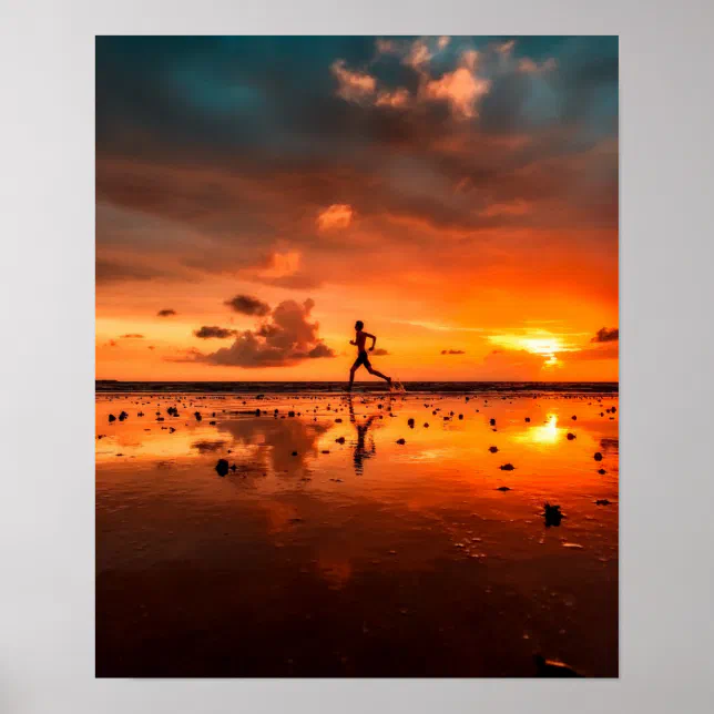 Man Running on Beach at Sunset Poster | Zazzle