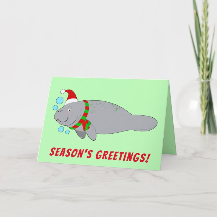 Manatee in Santa Hat and Scarf Season's Greetings Holiday Card | Zazzle