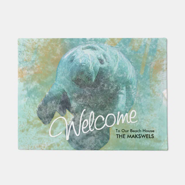 Manatee Painting Beach House Welcome Mat | Zazzle