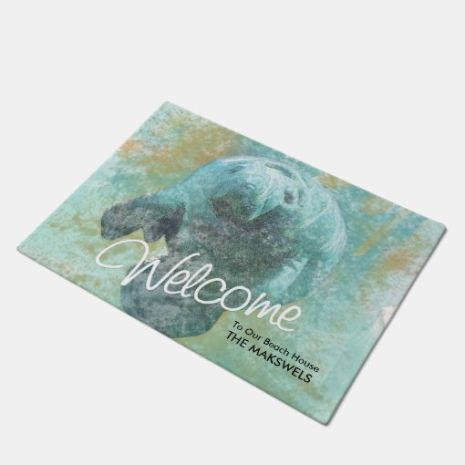 Manatee Painting Beach House Welcome Mat | Zazzle