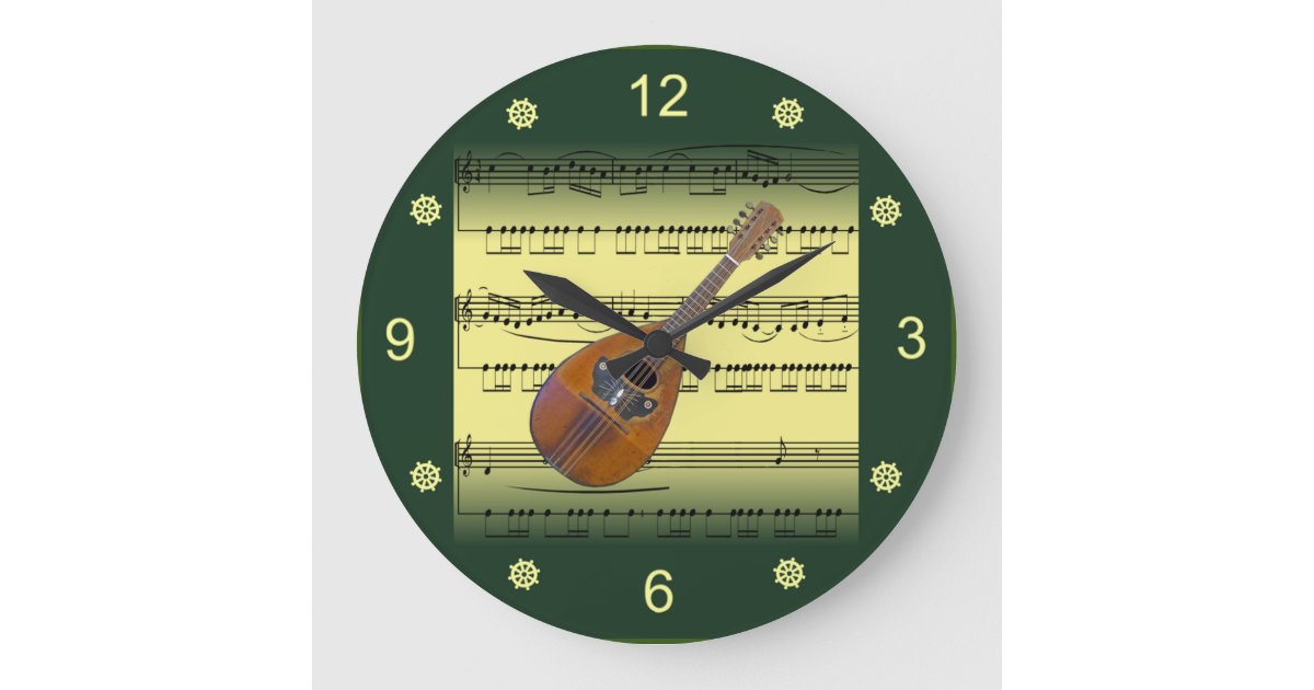 Mandolin~Rolled Sheet Music~Gold/Green Background~ Large Clock | Zazzle