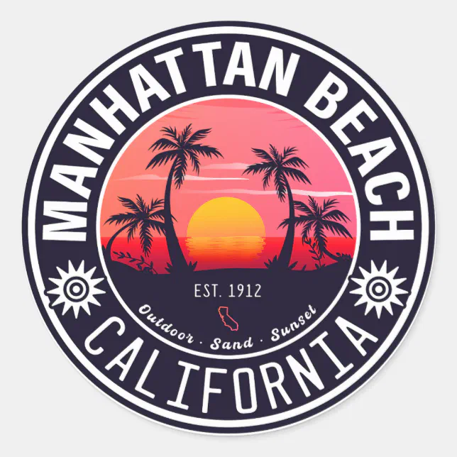 Manhattan Beach California Retro Sunset Souvenirs Classic Round Sticker ...