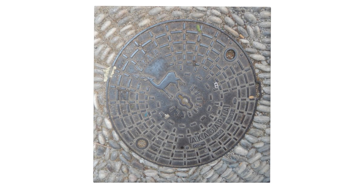 Manhole cover and cobblestone road ceramic tile | Zazzle