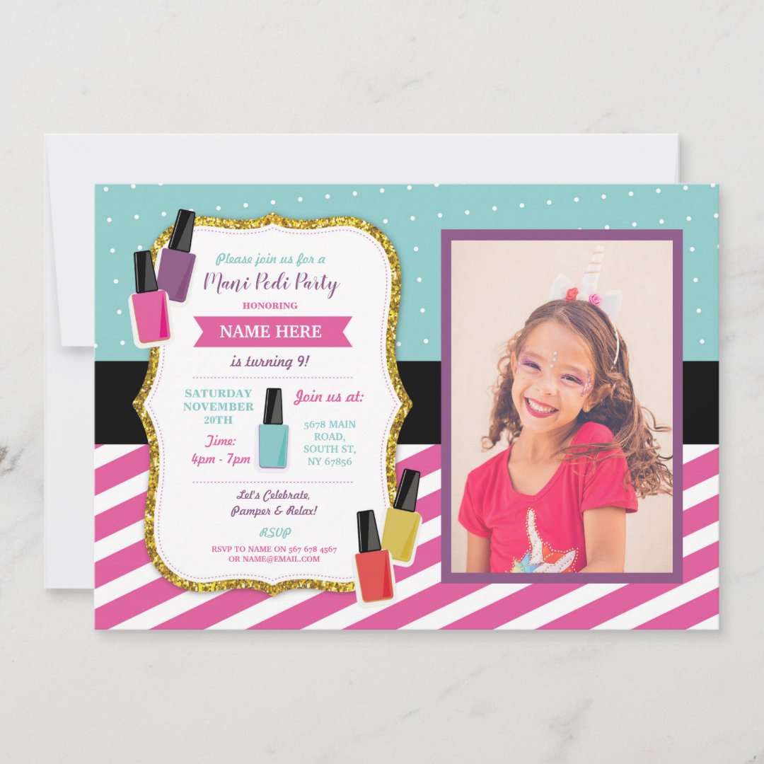 Mani Pedi Beauty Birthday Party Pamper Photo Pink Invitation | Zazzle
