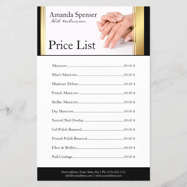 Manicure Nail Salon Price List Black & Gold Flyer | Zazzle
