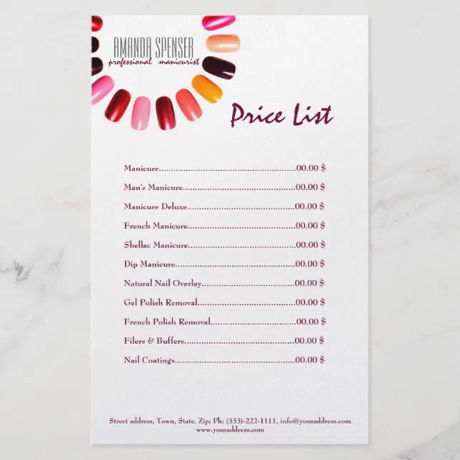 Manicure Nail Salon Price List Simple White Flyer | Zazzle