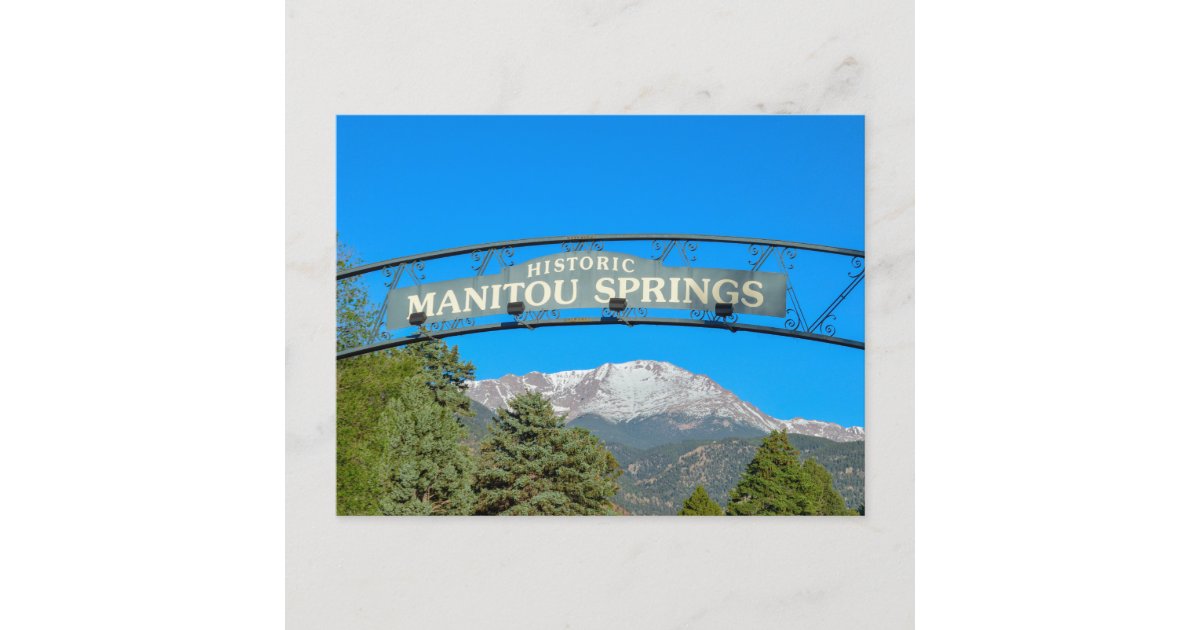 Manitou Springs Sign Framing Pikes Peak, Colorado Postcard | Zazzle