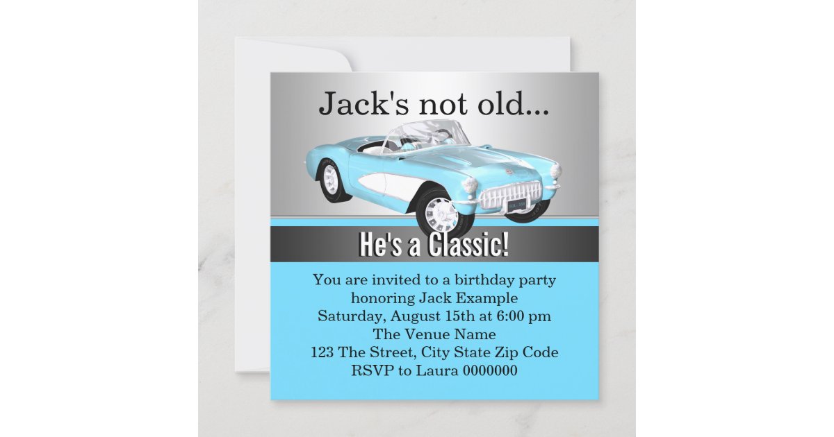Mans Blue Antique Car Birthday Party Invitation | Zazzle
