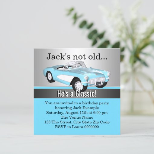Mans Blue Antique Car Birthday Party Invitation | Zazzle