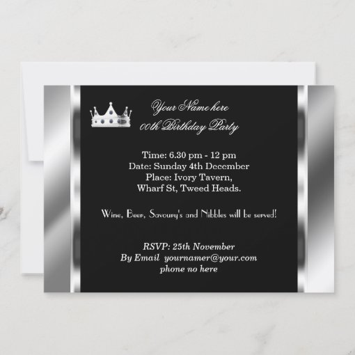 Mans Elegant Black Silver Prince King Birthday Invitation | Zazzle