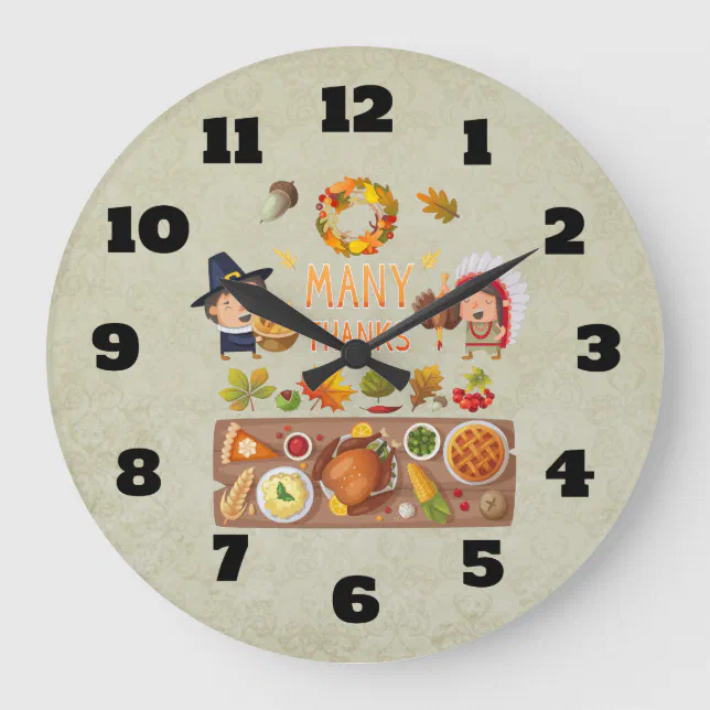 Many Thanks Pilgrim And Native Thanksgiving Feast Large Clock | Zazzle